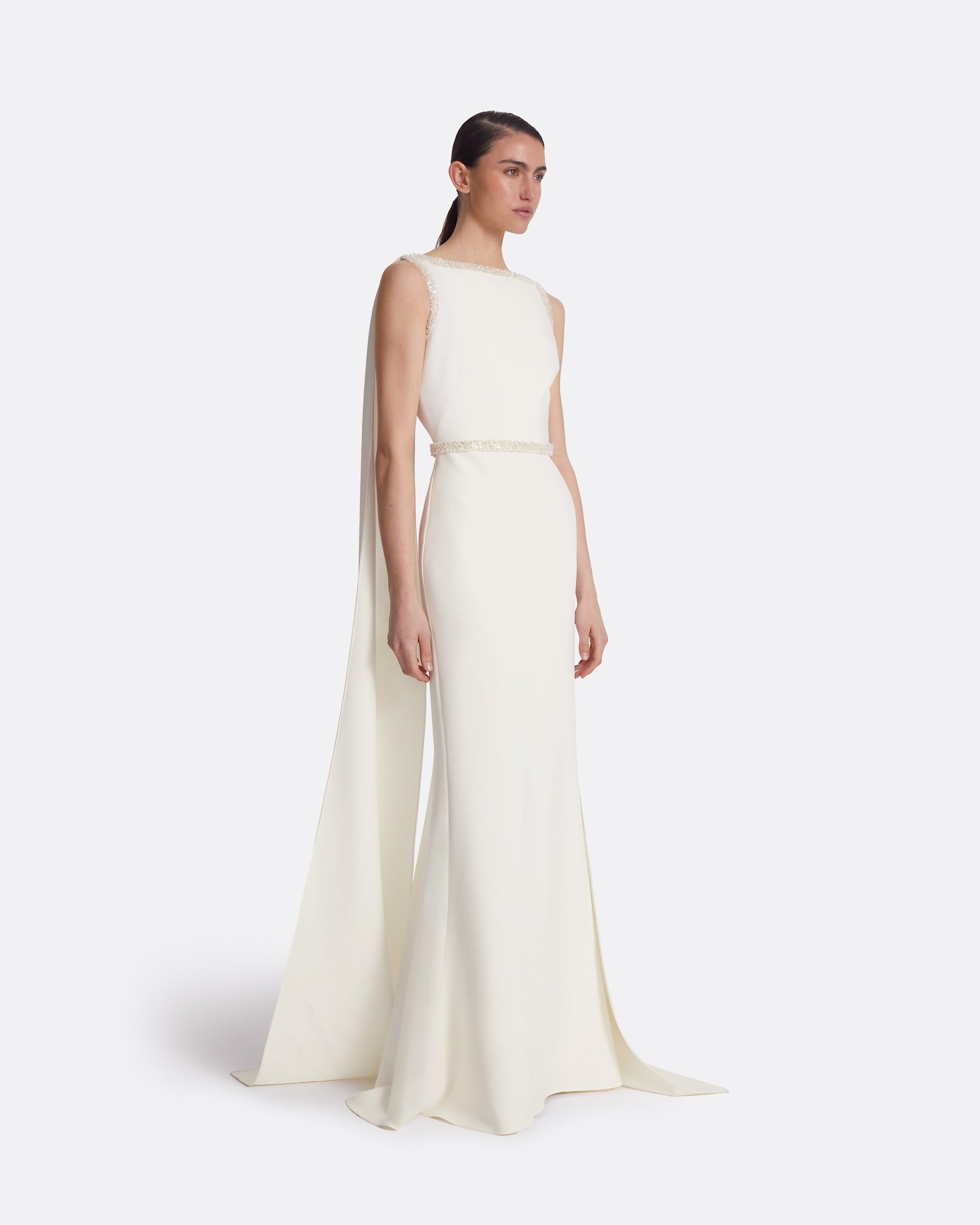Ginevra Ivory Long Dress With Embroidered Belt – Maison Safiyaa USA