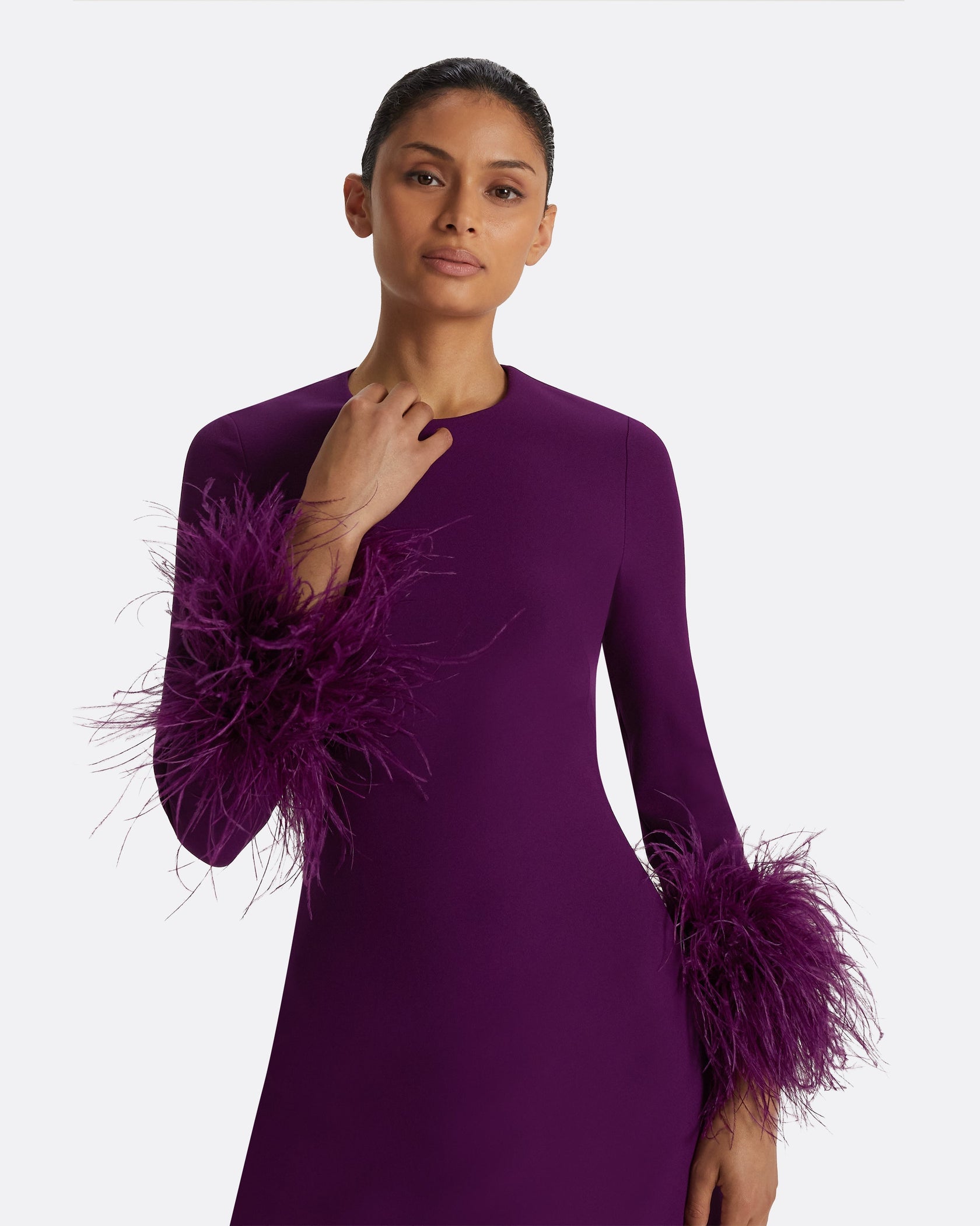 Renalla Currant Feather-Trimmed Long Dress – Maison Safiyaa USA