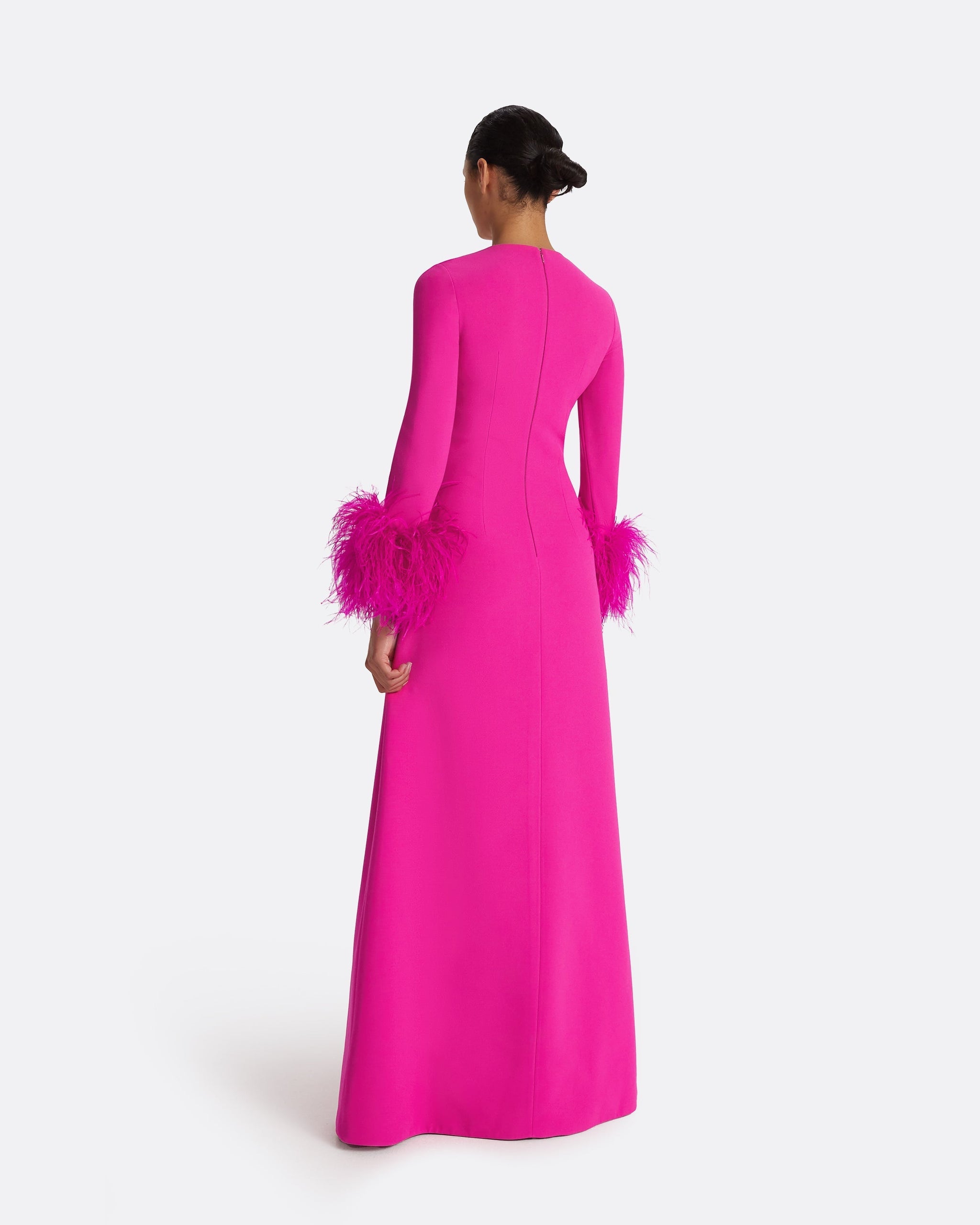 Renalla Wild Strawberry Feather-Trimmed Long Dress – Maison Safiyaa USA