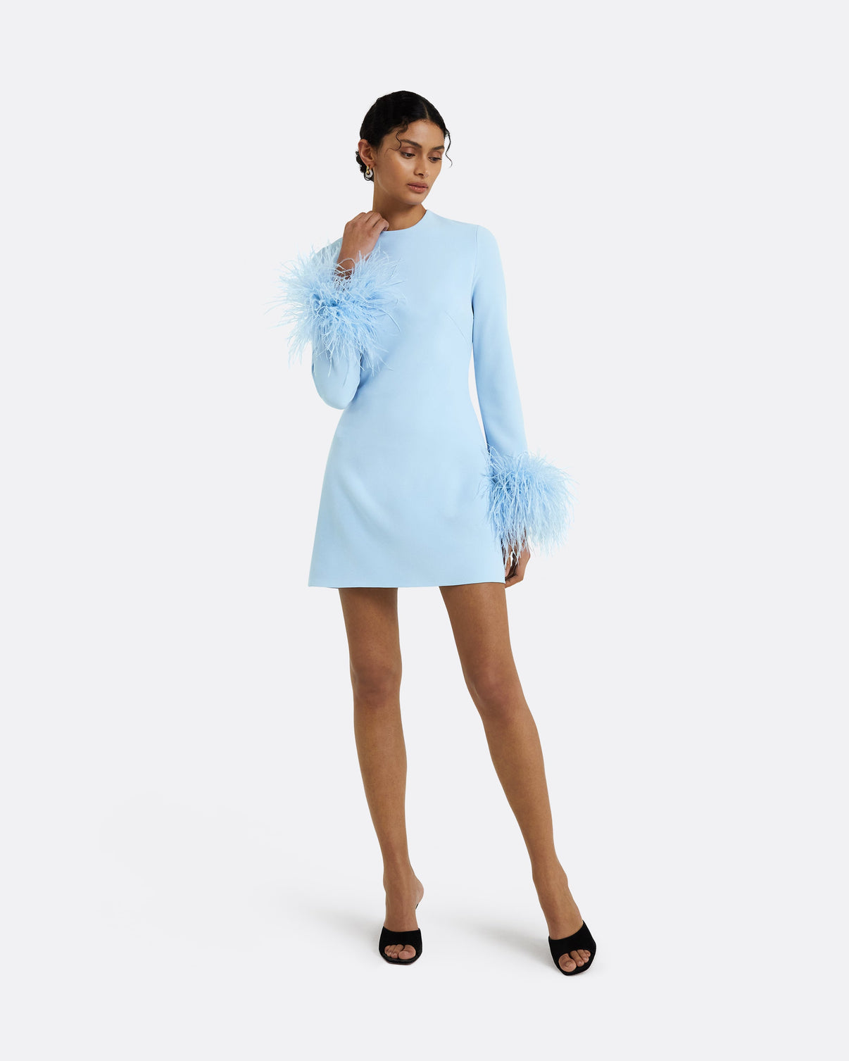 Rena Pale Blue Feather-Trimmed Short Dress – Maison Safiyaa USA
