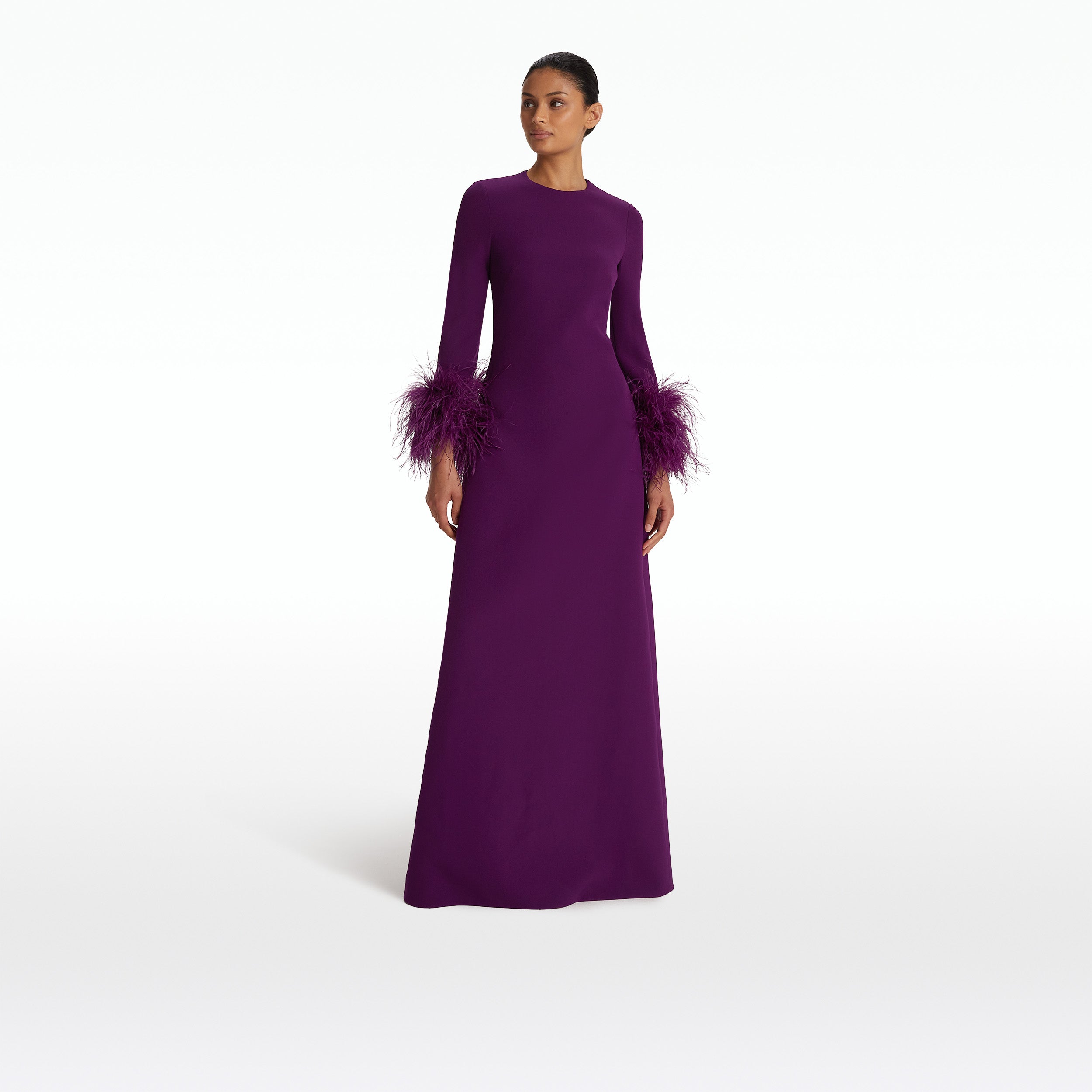 Renalla Currant Feather-Trimmed Long Dress – Maison Safiyaa USA